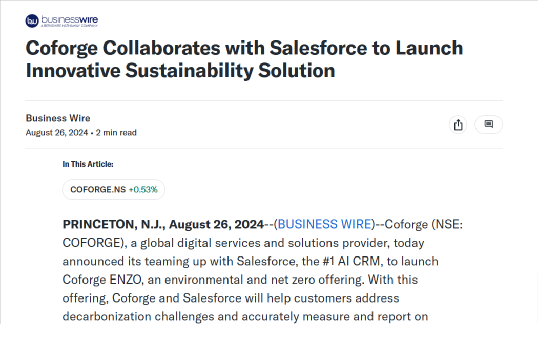 Coforge and Salesforce Partner for Innovative Sustainability Solution